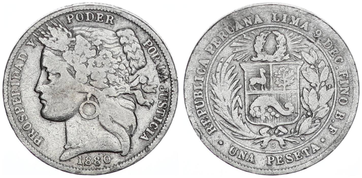 1 Peseta 1880 Republica Peruana Lima .9 Decimos Fino ss | MA-Shops