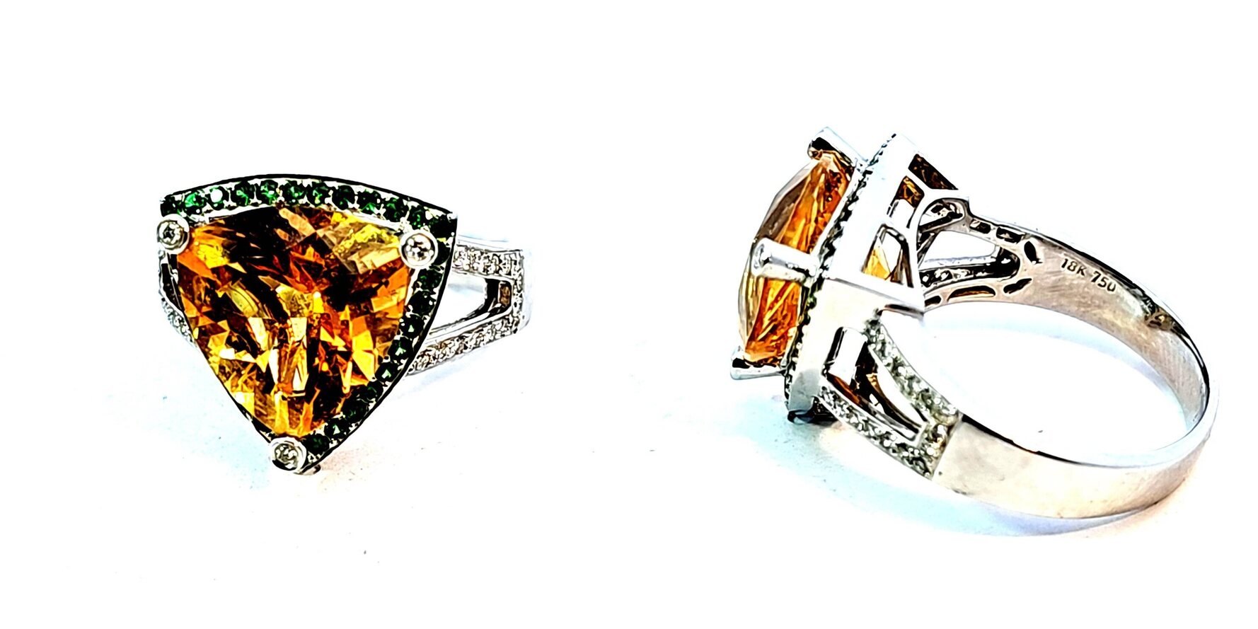 750 Gold Ring mit Zitrin kleinen Diamanten & kleinen grünen Steinen9,6g ...
