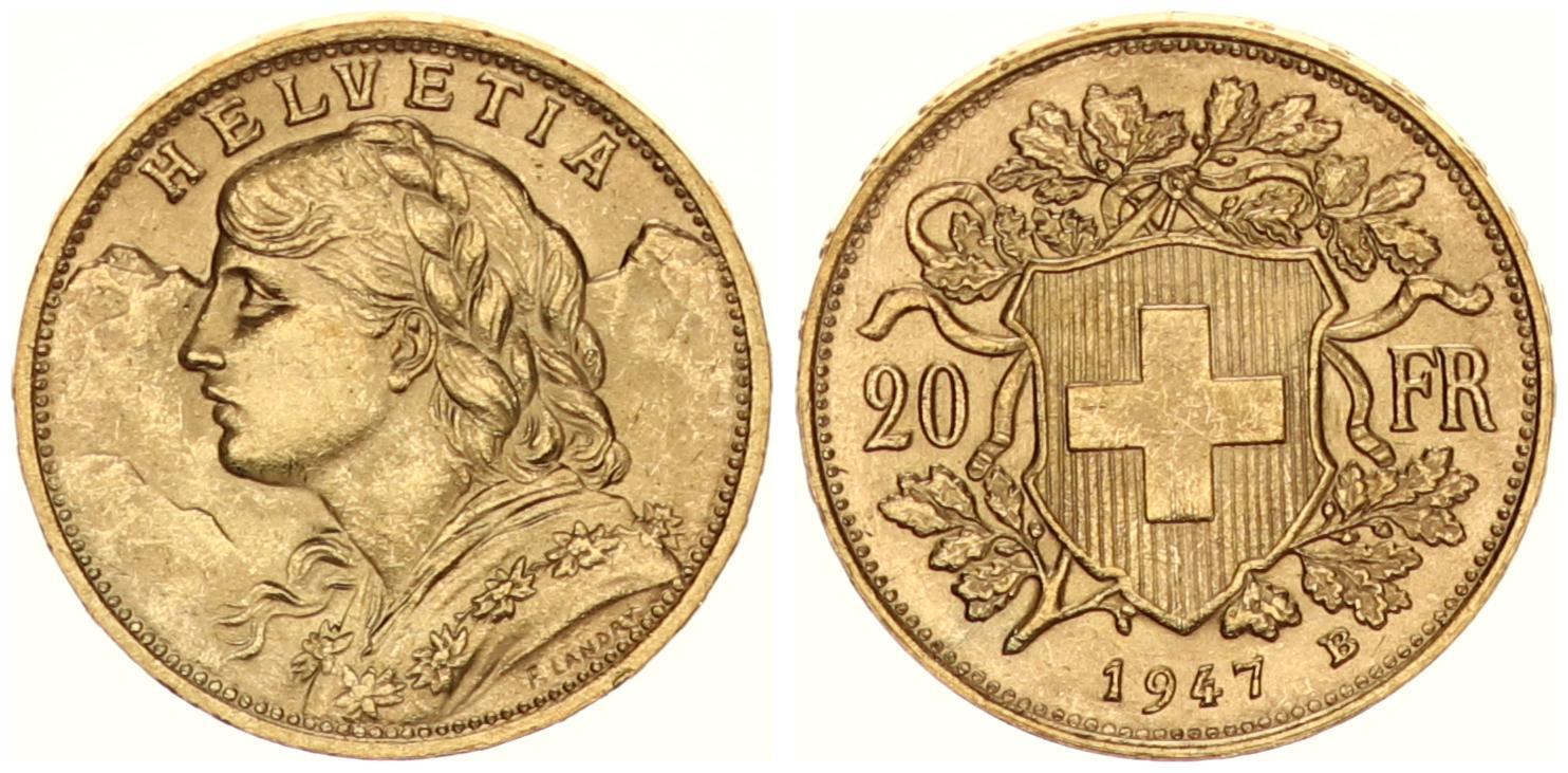 Schweiz 20 Franken Gold 1947 Vreneli prägefrisch-Stempelglanz | MA-Shops