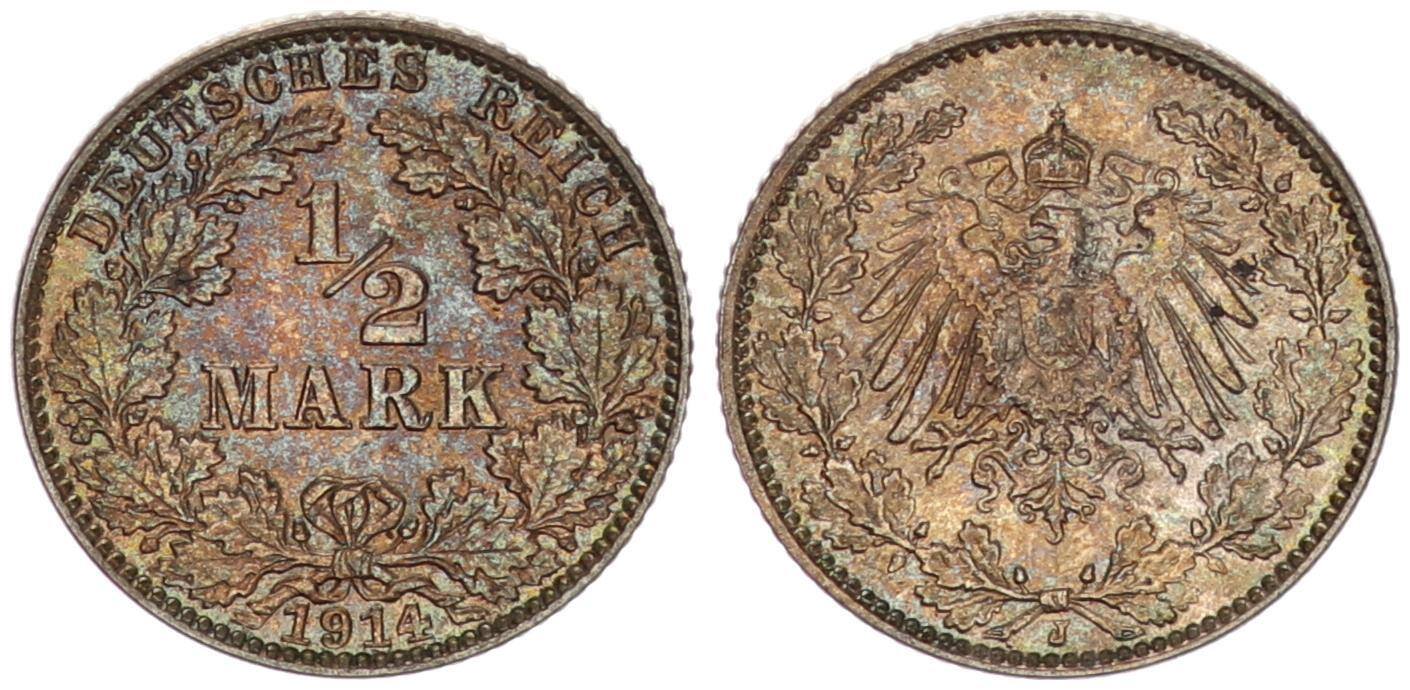 Deutsches Kaiserreich 1/2 Mark 1914 J halbe Mark Jäger 16 vz-st ...