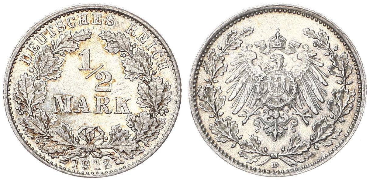 Deutsches Kaiserreich 1/2 Mark 1912 D Wertseite PP ähnlich vz-st | MA-Shops