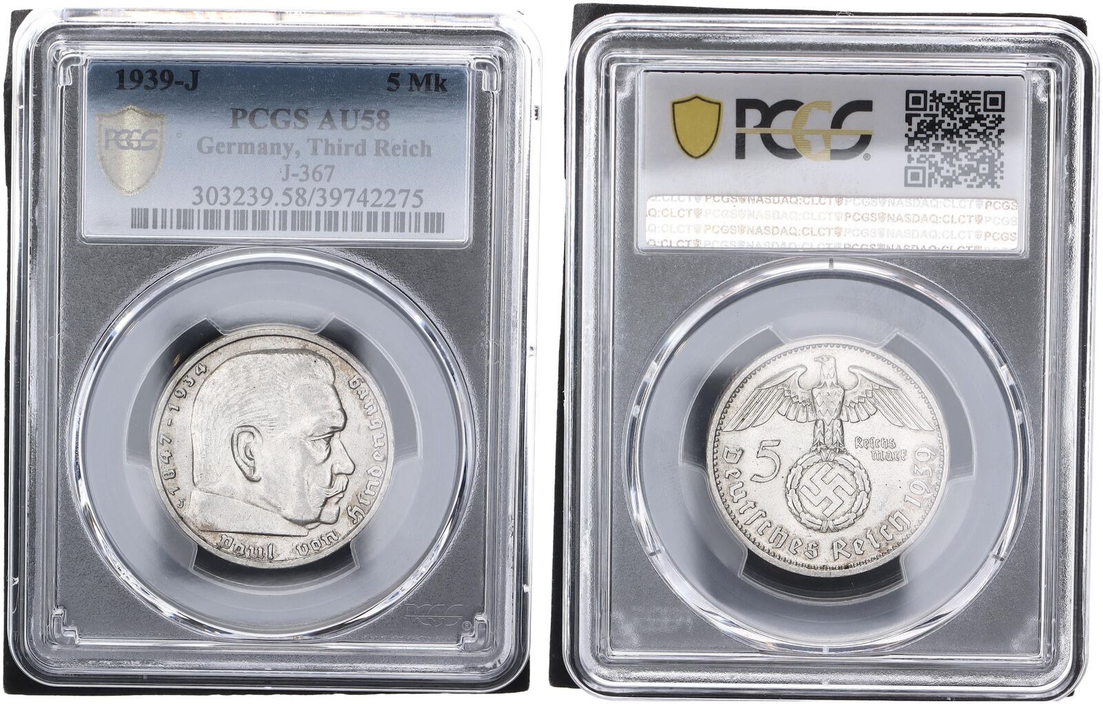 Germany, Third Reich 5 Mark 1939-J Hindenburg J. 367 PCGS zertifiziert ...