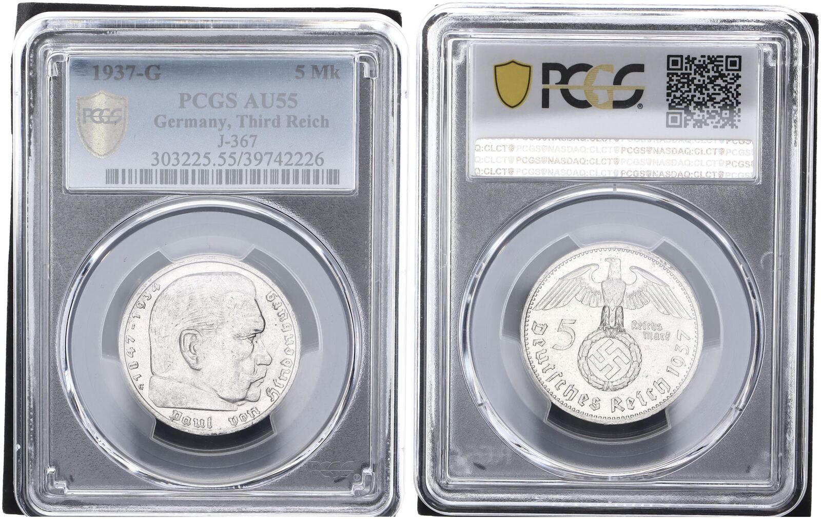 Germany, Third Reich 5 Mark 1937-G Hindenburg J. 367 PCGS zertifiziert ...