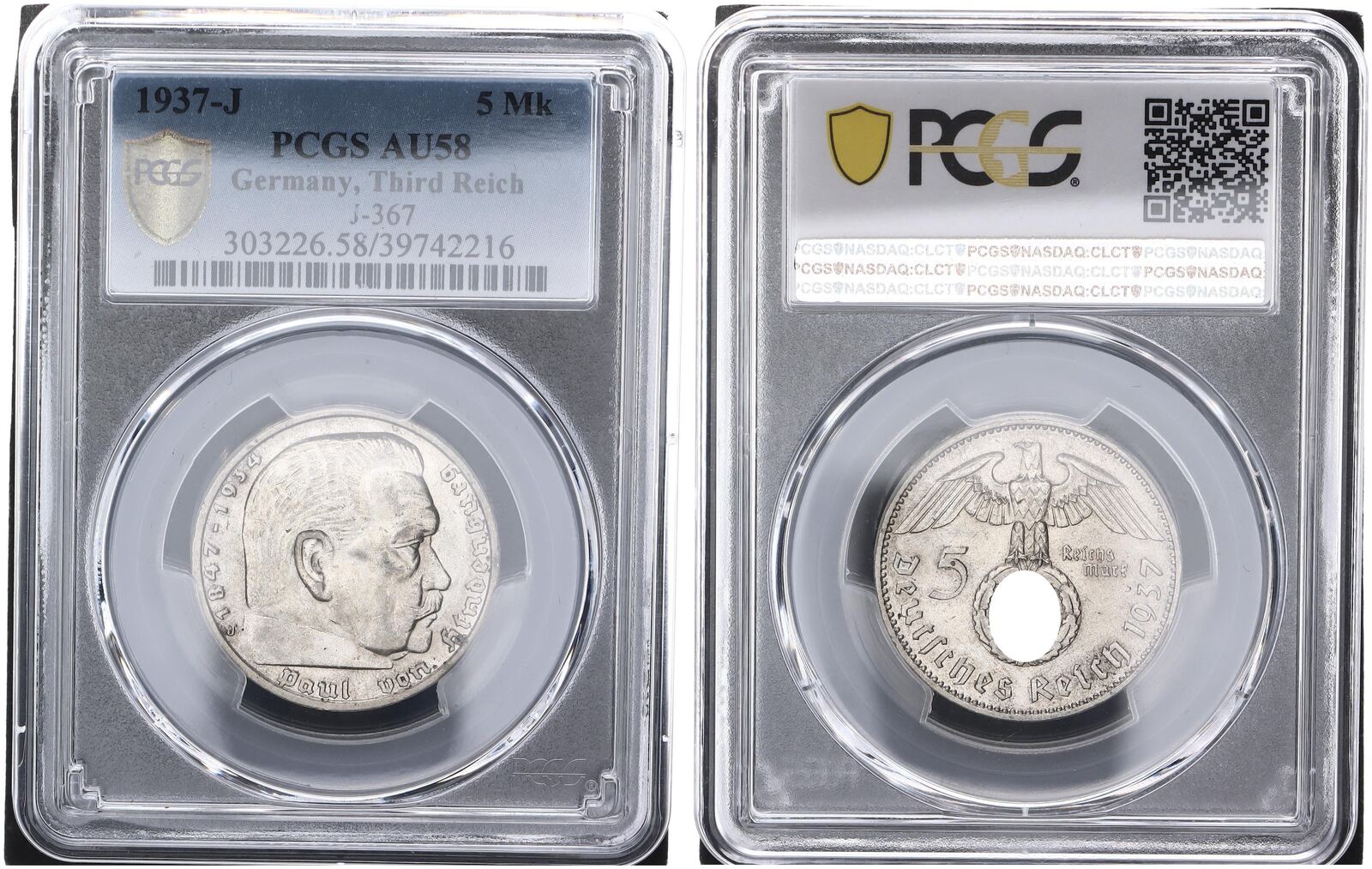 Germany, Third Reich 5 Mark 1937-J Hindenburg J. 367 PCGS zertifiziert ...