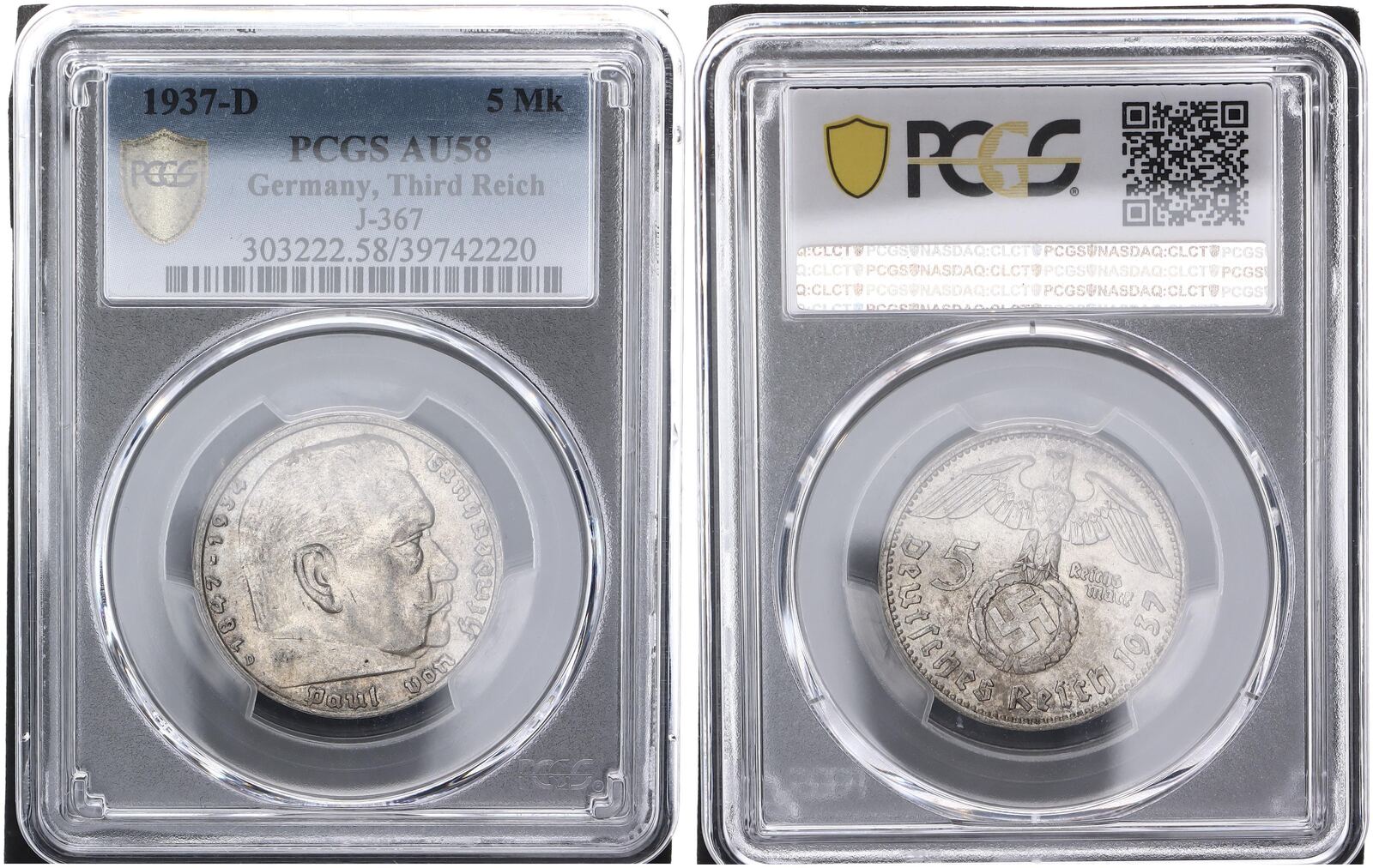 Germany, Third Reich 5 Mark 1937-D Hindenburg J. 367 PCGS zertifiziert ...