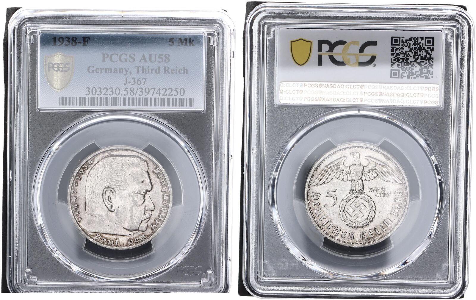 Germany, Third Reich 5 Mark 1938-F Hindenburg J. 367 PCGS zertifiziert ...