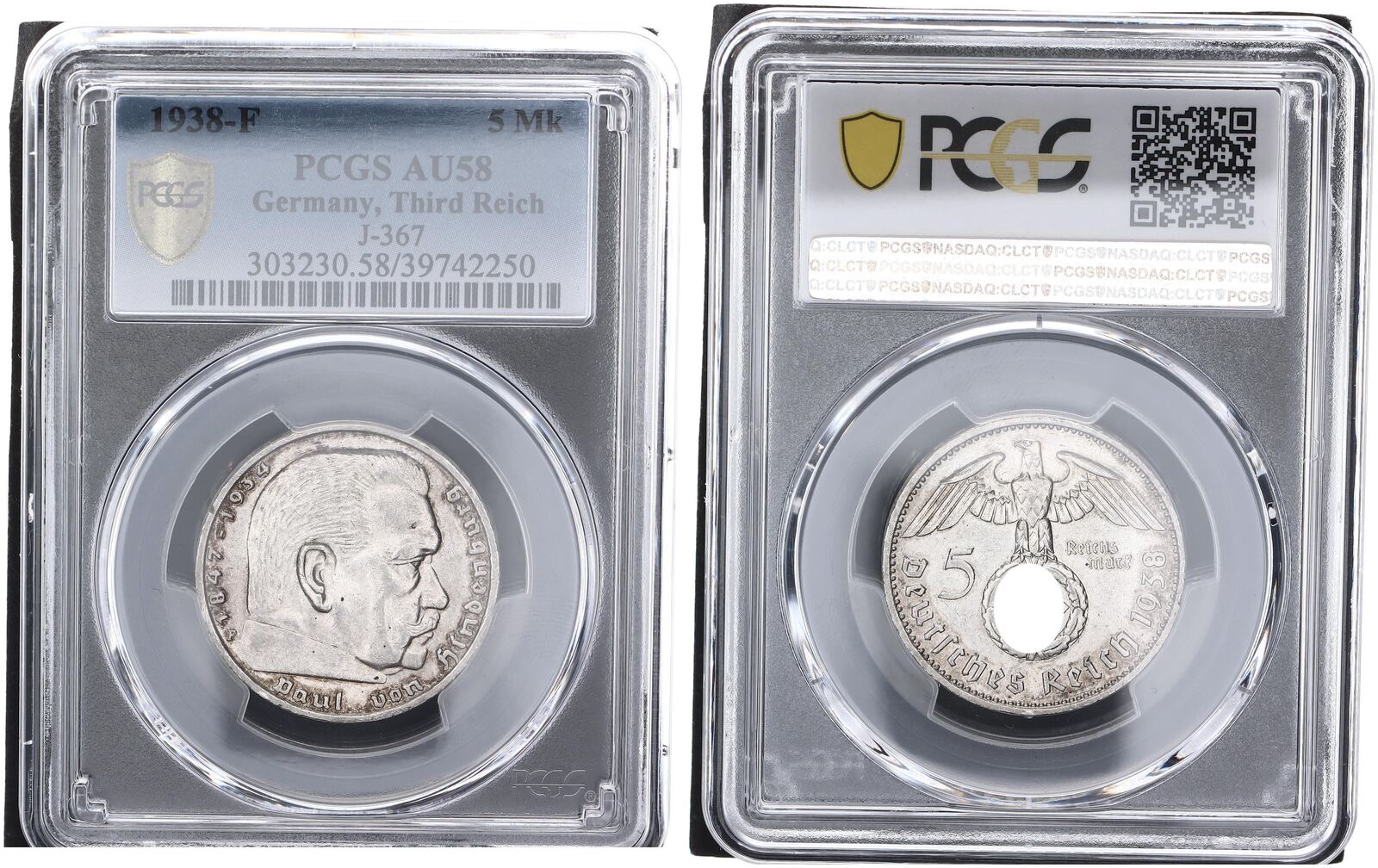 Germany, Third Reich 5 Mark 1938-F Hindenburg J. 367 PCGS zertifiziert ...