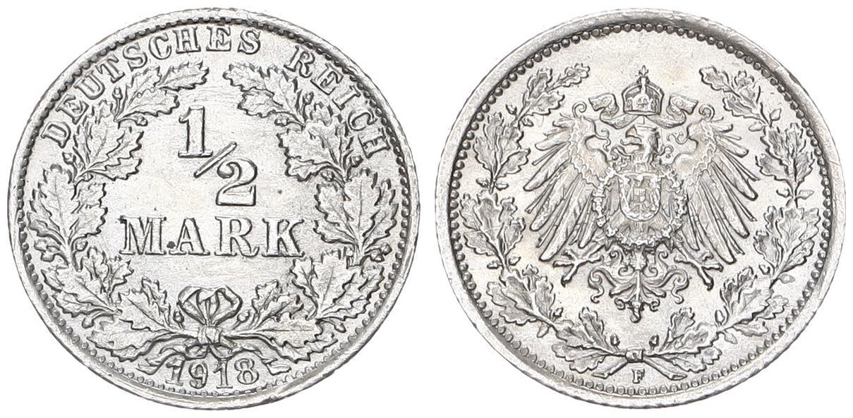 Kaiserreich Deutschland 1/2 Mark 1918 F prägefrisch | MA-Shops