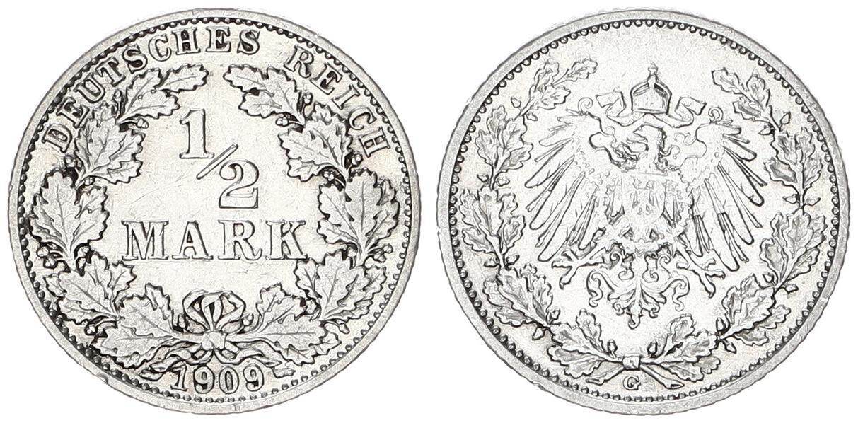 Deutsches Kaiserreich 1/2 Mark 1909 G ss | MA-Shops