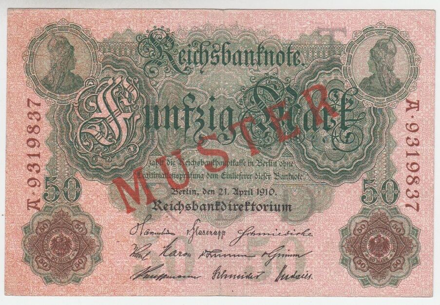 50 Mark Banknote - Muster Deutschland, 50 Mark Banknote, 21. April 1910 ...