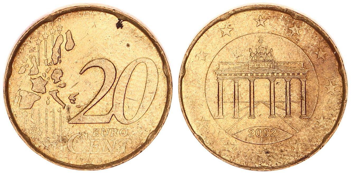 Deutschland / Bundesrepublik 20 Cent 2002 F Fehlprägung : Randkerben ...