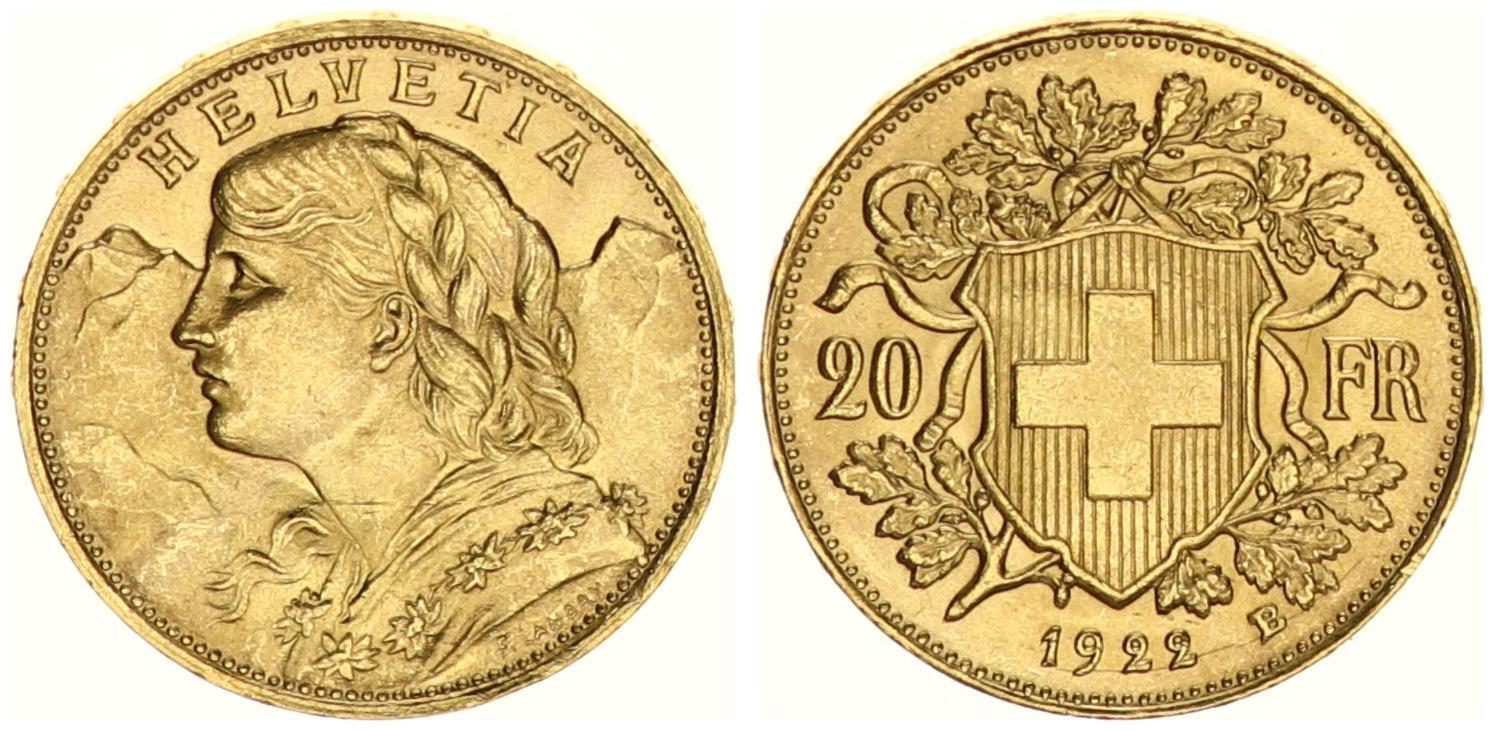 Schweiz 20 Franken Gold 1922 B Vreneli prägefrisch-Stempelglanz | MA-Shops