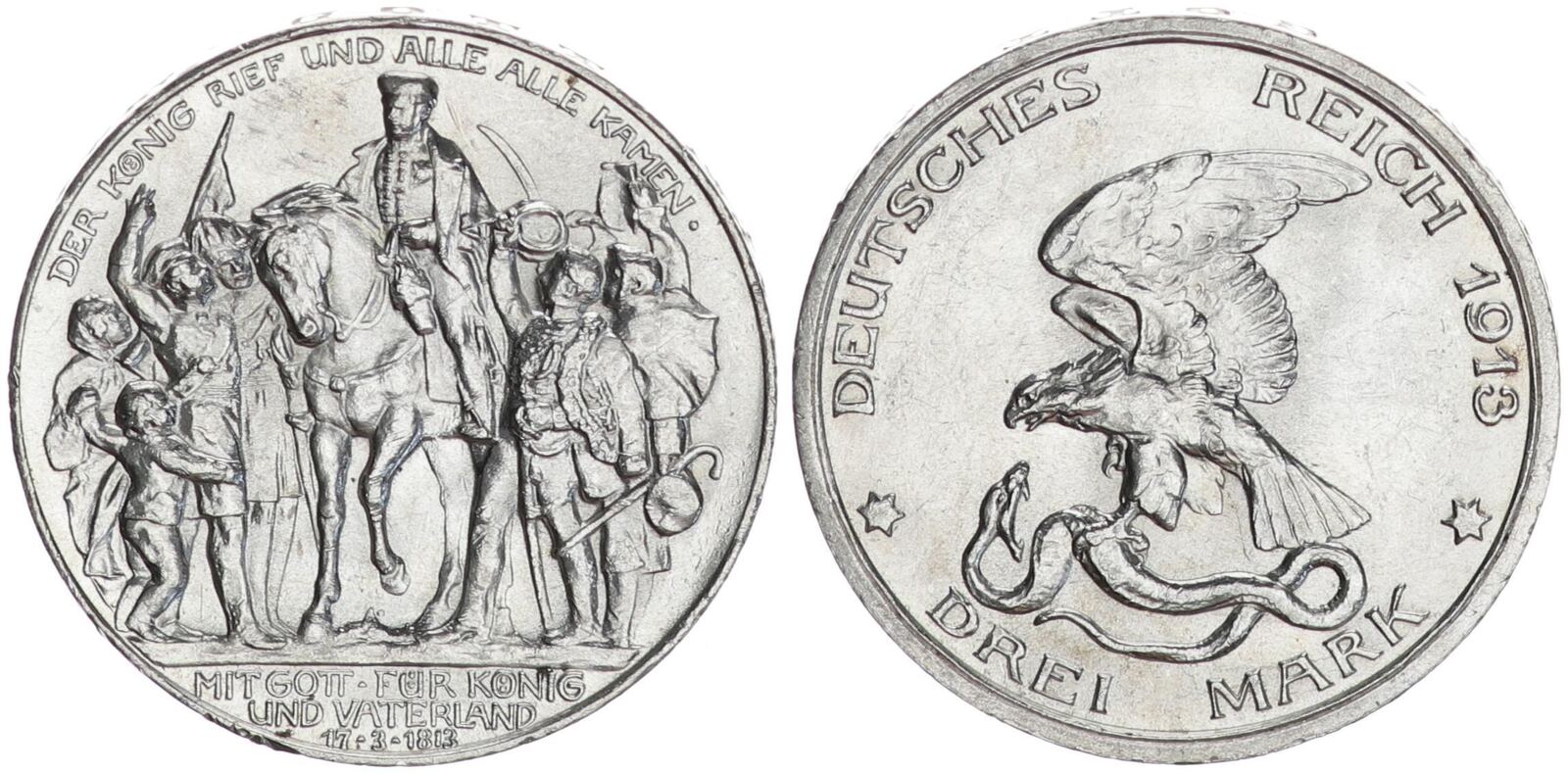Deutsches Kaiserreich - Preußen 3 Mark 1913 A Der König rief und alle ...