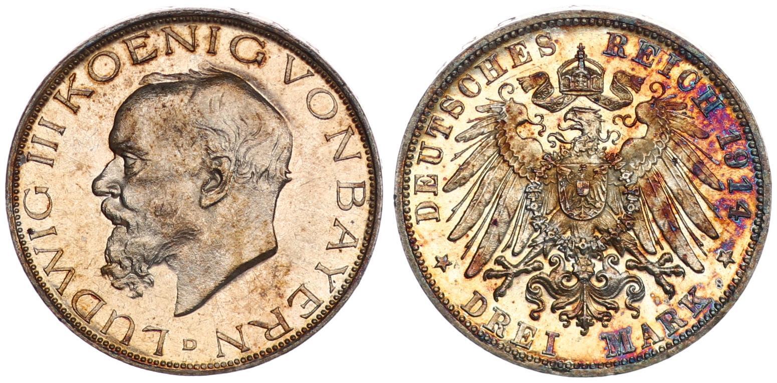 Deutsches Kaiserreich - Bayern 3 Mark 1914 D 3 Reichsmark König Ludwig ...