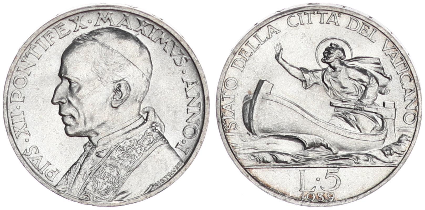 Vatikan 5 Lire 1939 Papst Pius XII. fast Stempelglanz, kleine Kratzer | MA-Shops