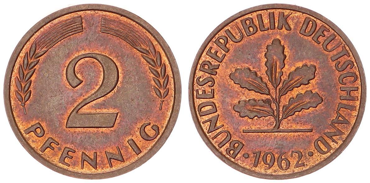 Deutschland 2 Pfennig 1962 J kursmünze prägefrisch,Kupferpatina | MA-Shops