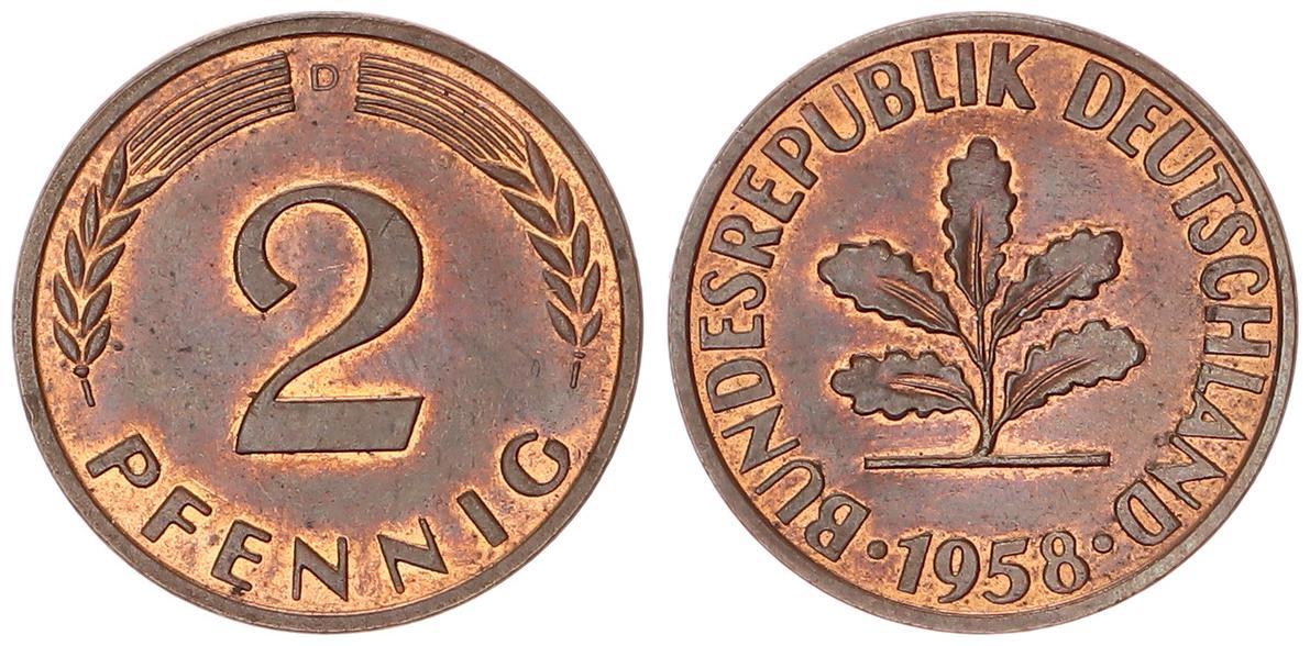 Deutschland 2 Pfennig 1958 D kursmünze prägefrisch,Kupferpatina | MA-Shops
