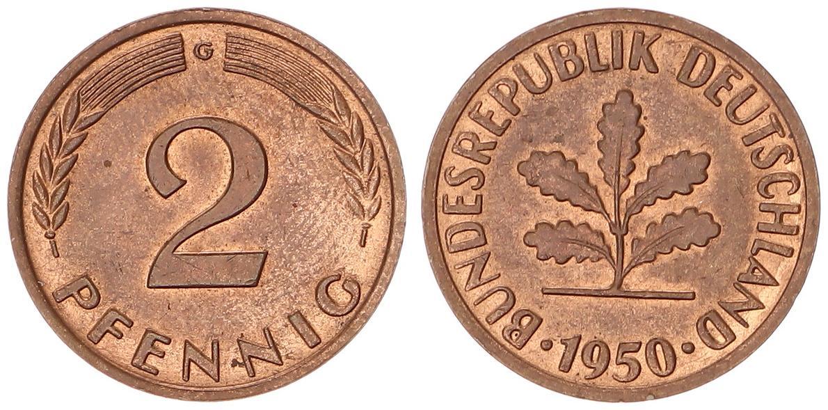 Deutschland 2 Pfennig 1950 G seltene Erhaltung prägefrisch,Kupferpatina ...