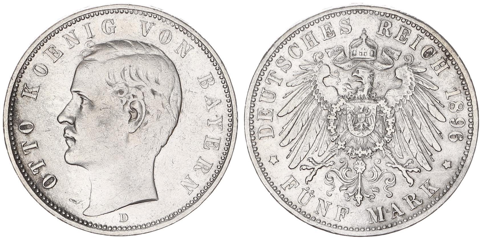 Bayern - Deutsches Kaiserreich 5 Mark 1896 D König Otto - seltenes Jahr !!! ss | MA-Shops