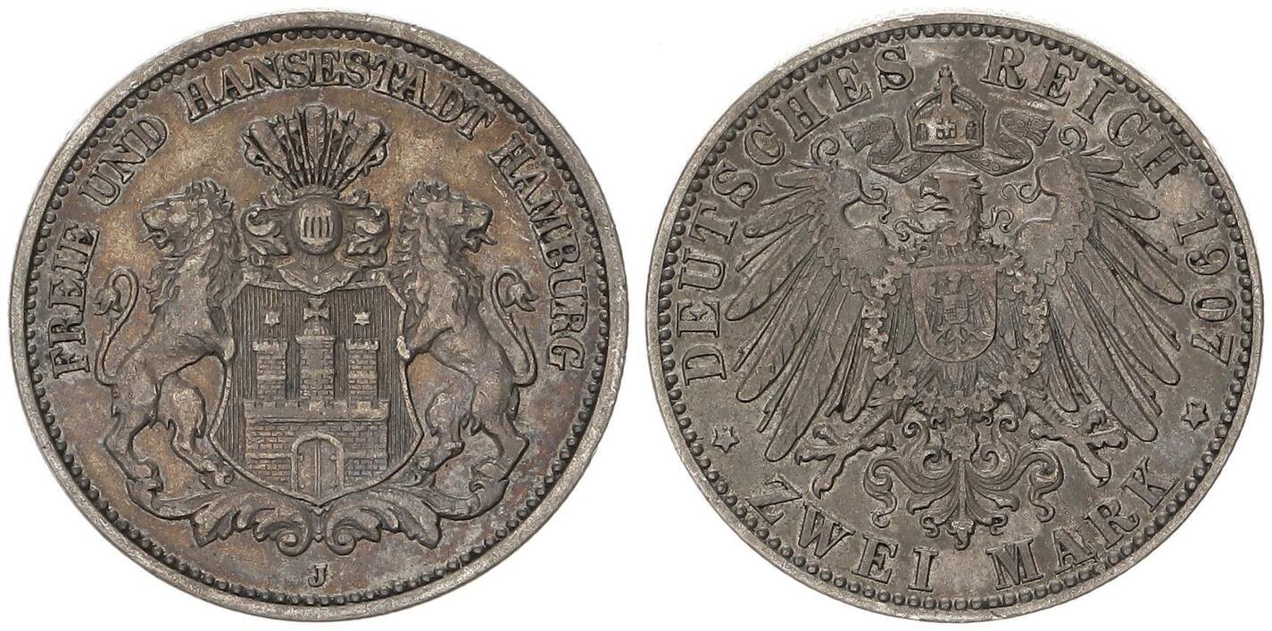 Deutsches Kaiserreich - Hamburg 2 Mark 1907 J Hansestadt Hamburg großer Adler ss,Patina | MA-Shops