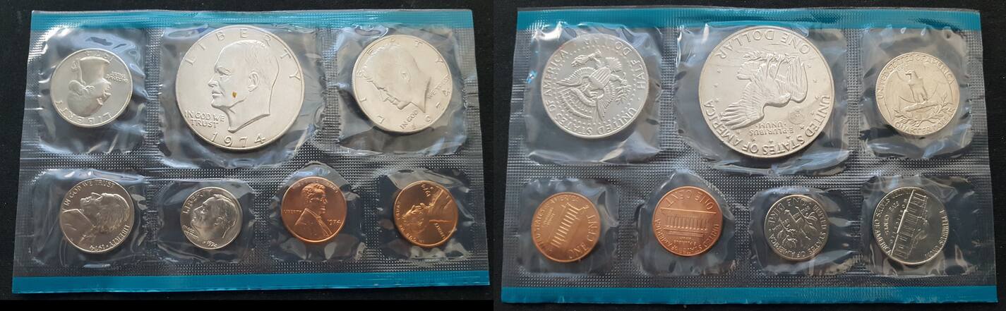 USA KMS 1974 Denver Mint 3x 1 Cent, 1x 5 Cent, 1x Quater ST in Blister ...