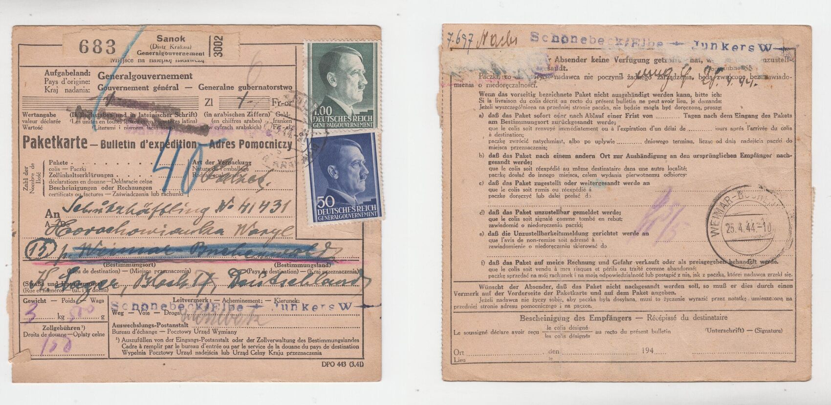 3. Reich / Konzentrationslager Buchenwald Paketmarke unterschrieben von ...