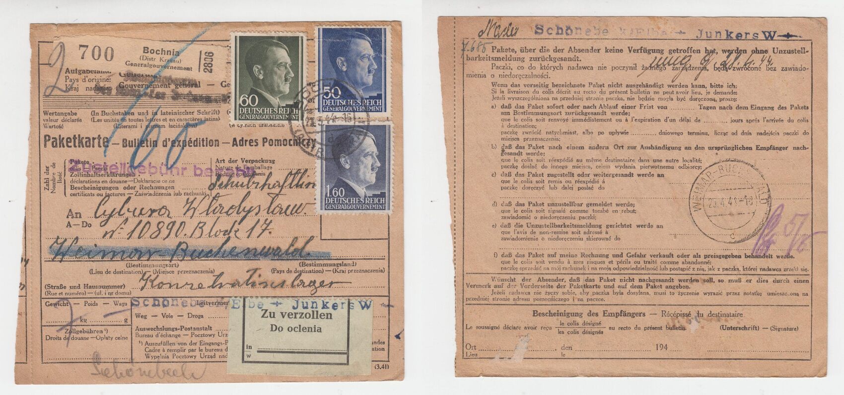 3. Reich / Konzentrationslager Buchenwald Paketmarke unterschrieben von ...