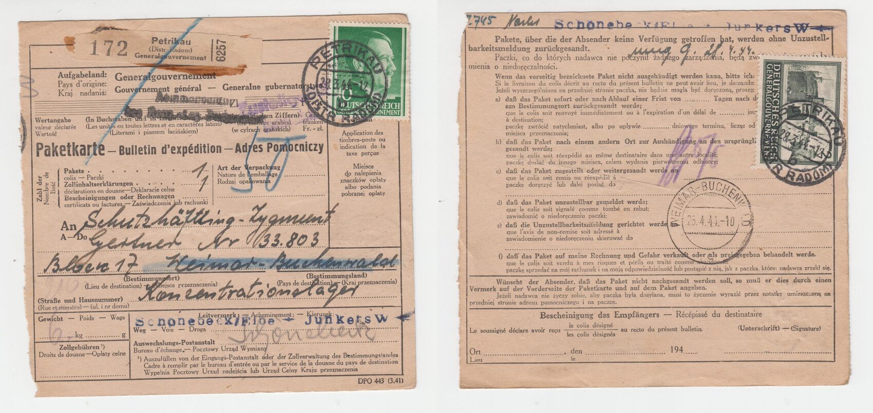 3. Reich / Konzentrationslager Buchenwald Paketmarke unterschrieben von ...