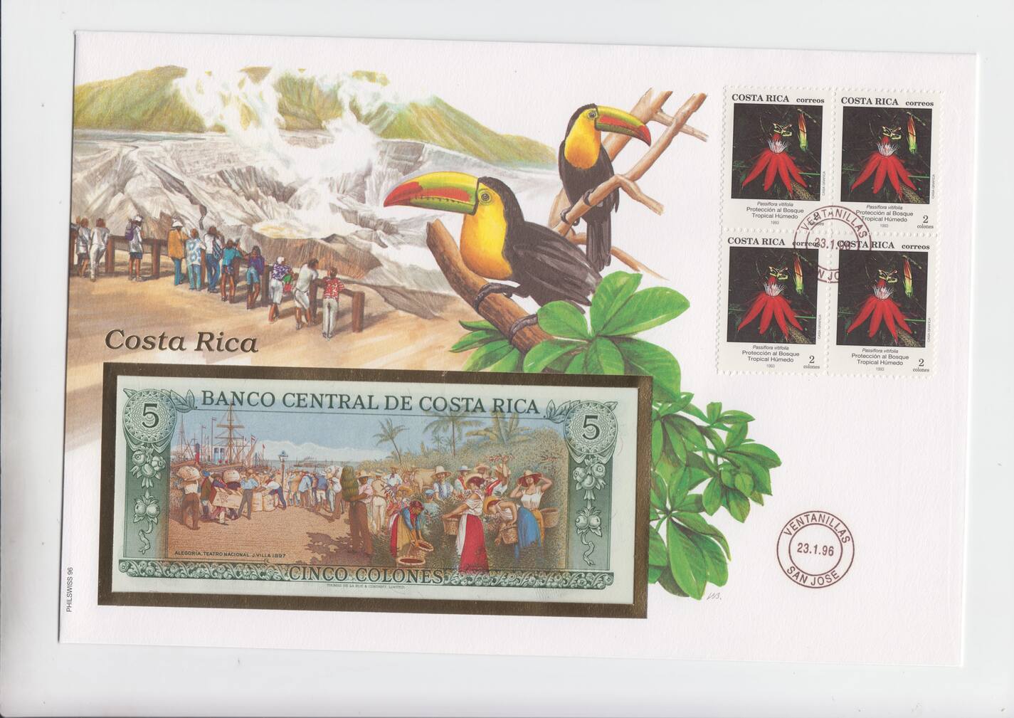 1990/1996 Costa Rica, 5 Colones-Banknote in Numisbrief kassenfrisch ...