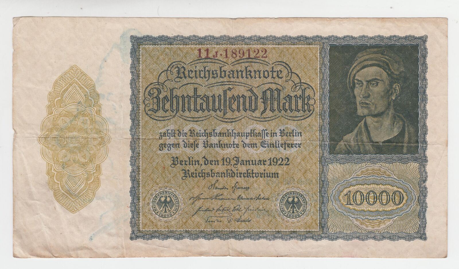 3. Reich Deutschland, 10000 Mark Banknote, 19 Januar 1922 - mit ...