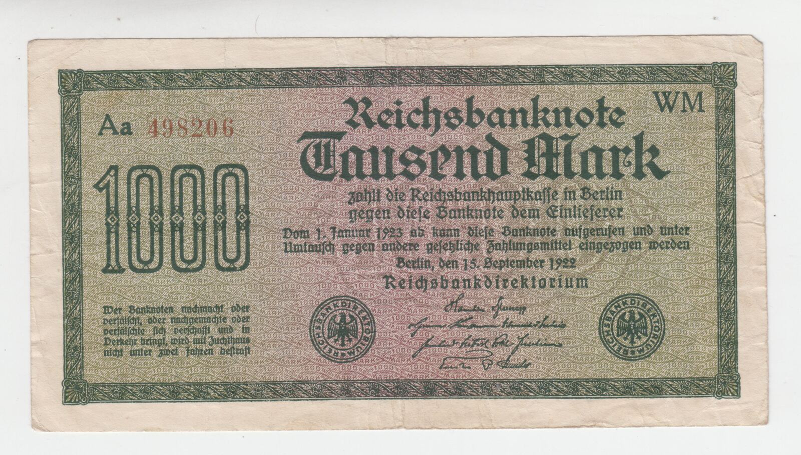 3. Reich Deutschland, 1000 Mark Banknote, 15 September 1922 - mit ...