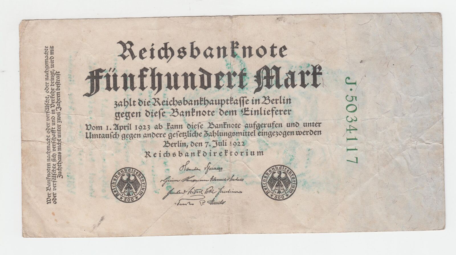 3. Reich Deutschland, 500 Mark Banknote, 7 Juli 1922 - mit Propaganda ...