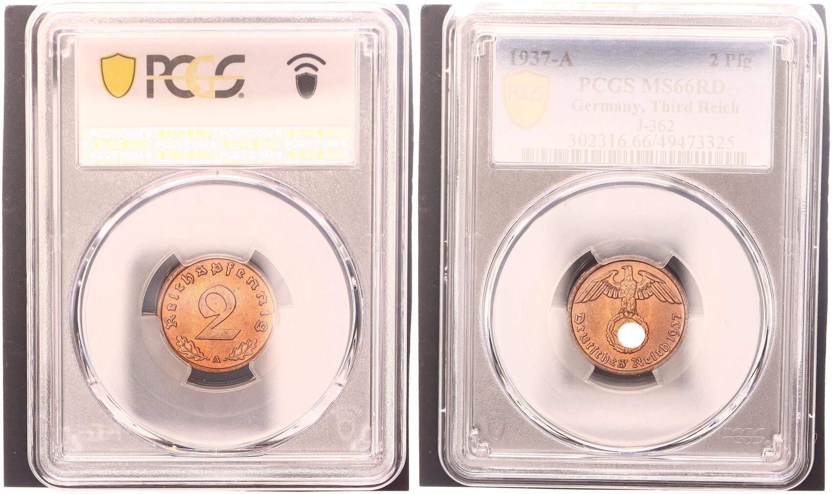 Germany, Third Reich 2 Pfennig 1937 A J-362 MS66RD | MA-Shops