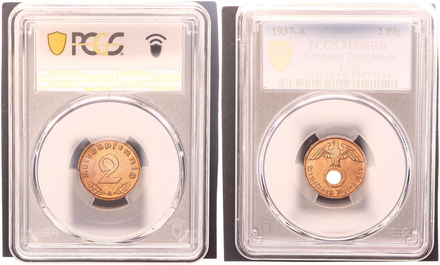 Germany, Third Reich 2 Pfennig 1937 A J-362 MS66RD | MA-Shops
