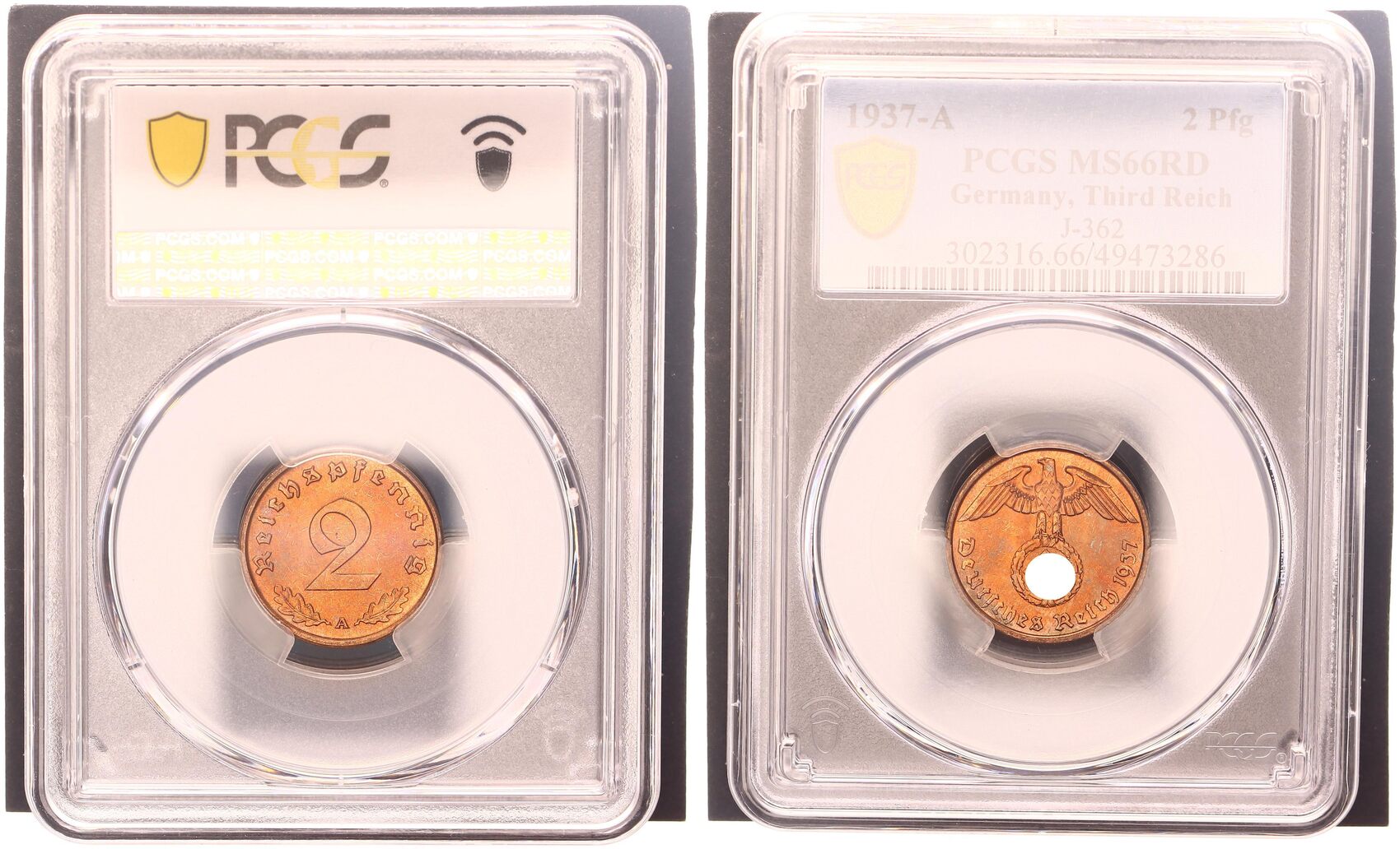 Germany, Third Reich 2 Pfennig 1937 A J-362 MS66RD | MA-Shops