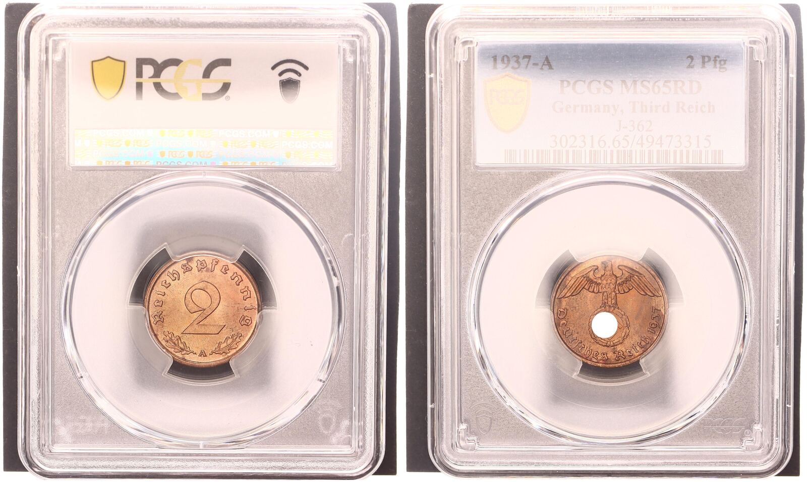 Germany, Third Reich 2 Pfennig 1937 A J-362 MS65RD | MA-Shops