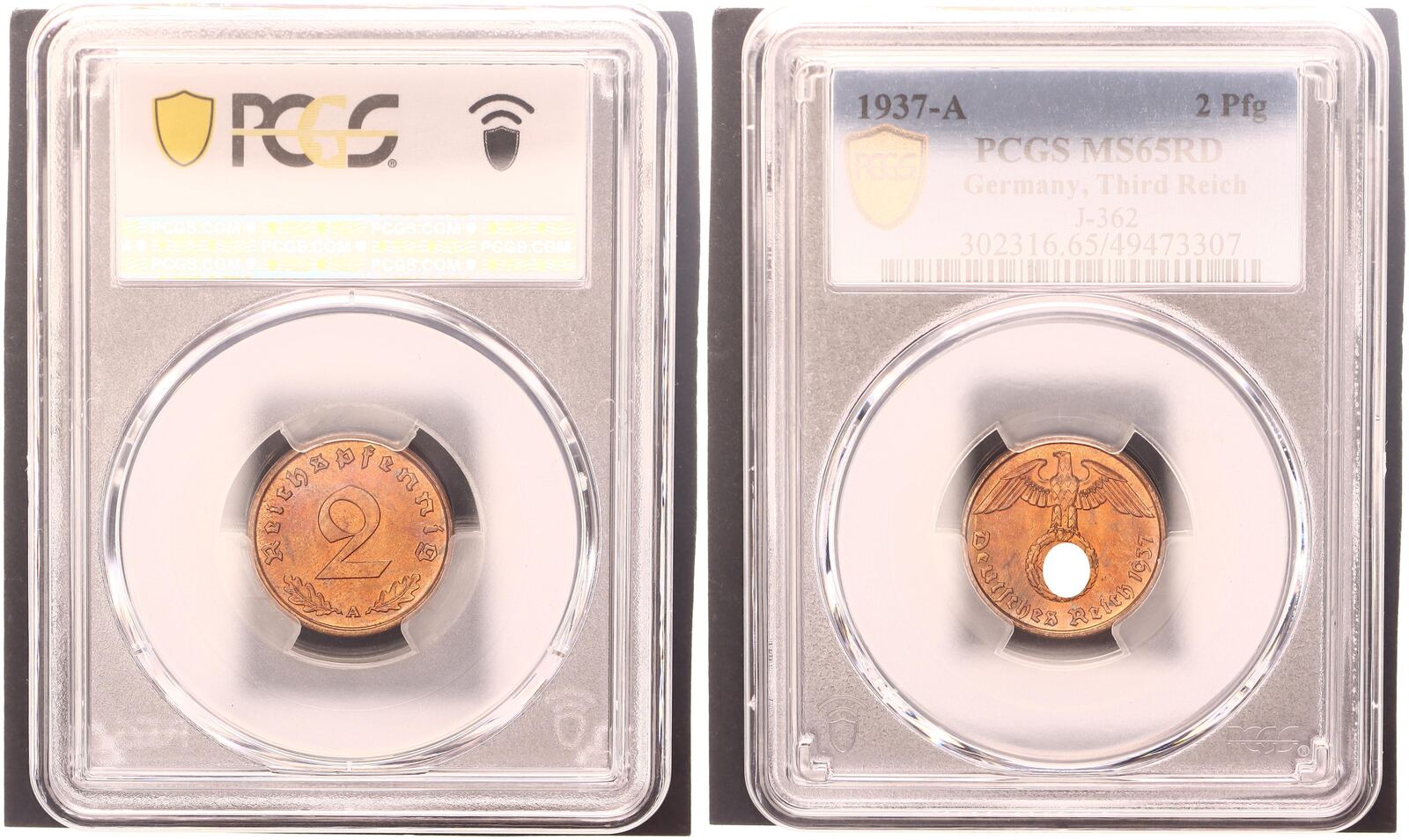 Germany, Third Reich 2 Pfennig 1937 A J-362 MS65RD | MA-Shops