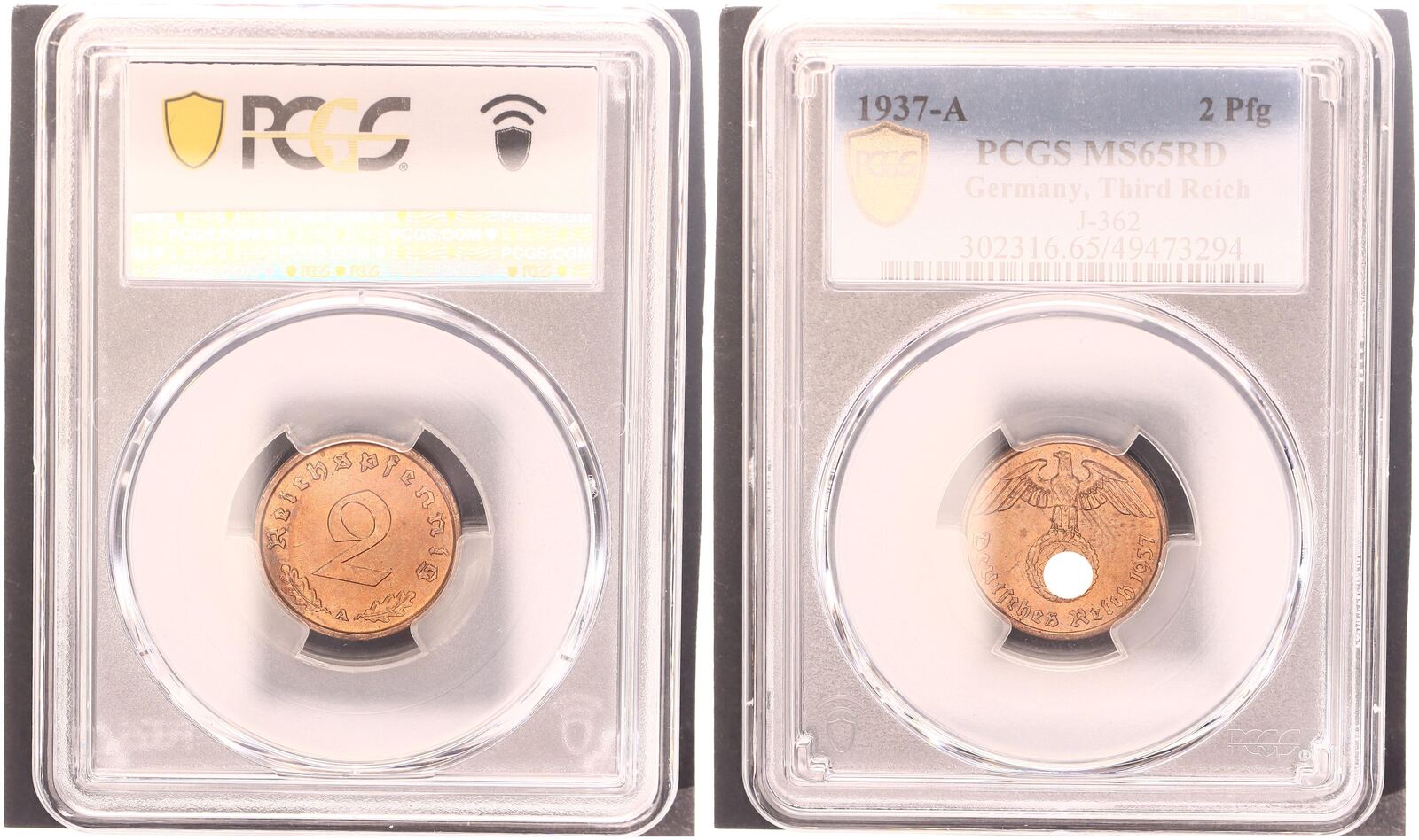 Germany, Third Reich 2 Pfennig 1937 A J-362 MS65RD | MA-Shops