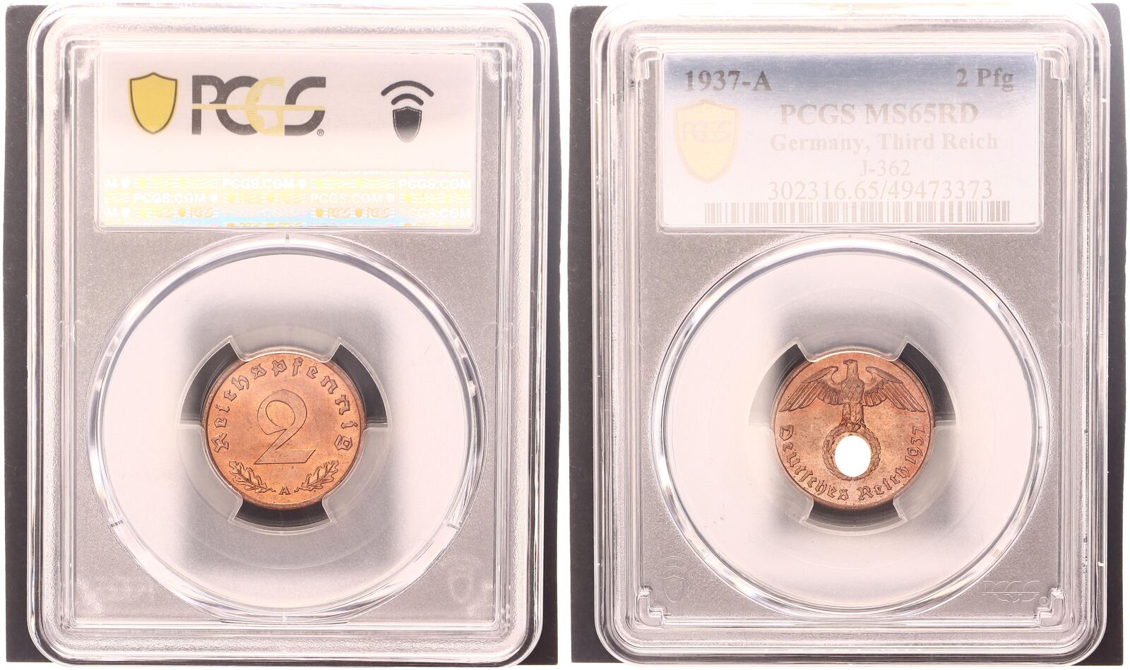 Germany, Third Reich 2 Pfennig 1937 A J-362 MS65RD | MA-Shops