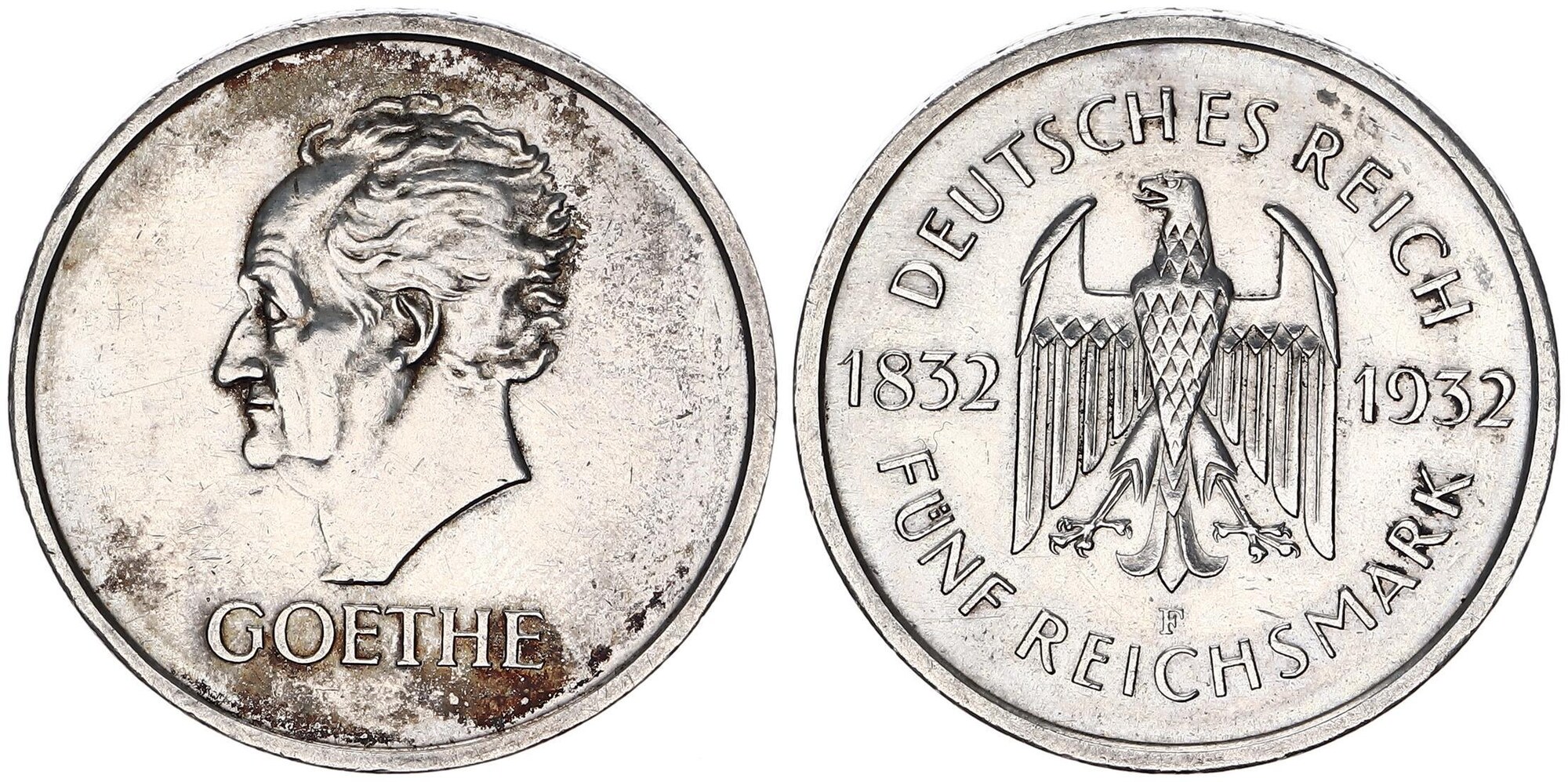 Weimarer Republik 5 Mark Silber 1932 F Goethe - selten f.vz,etwas ...