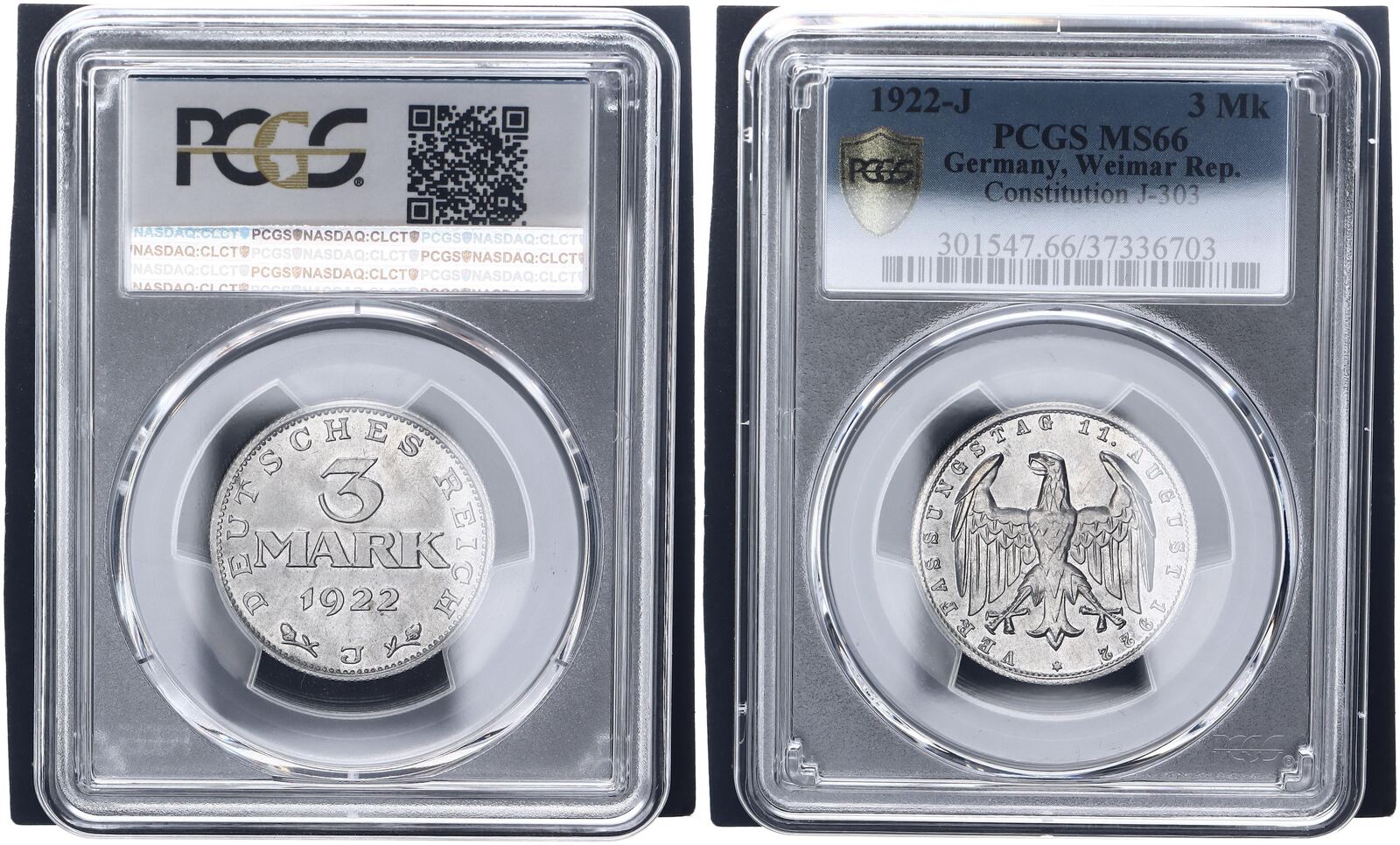 Germany, Weimar Rep. 3 Mark 1922-J Inflation J.303 PCGS MS66 Stempelglanz | MA-Shops