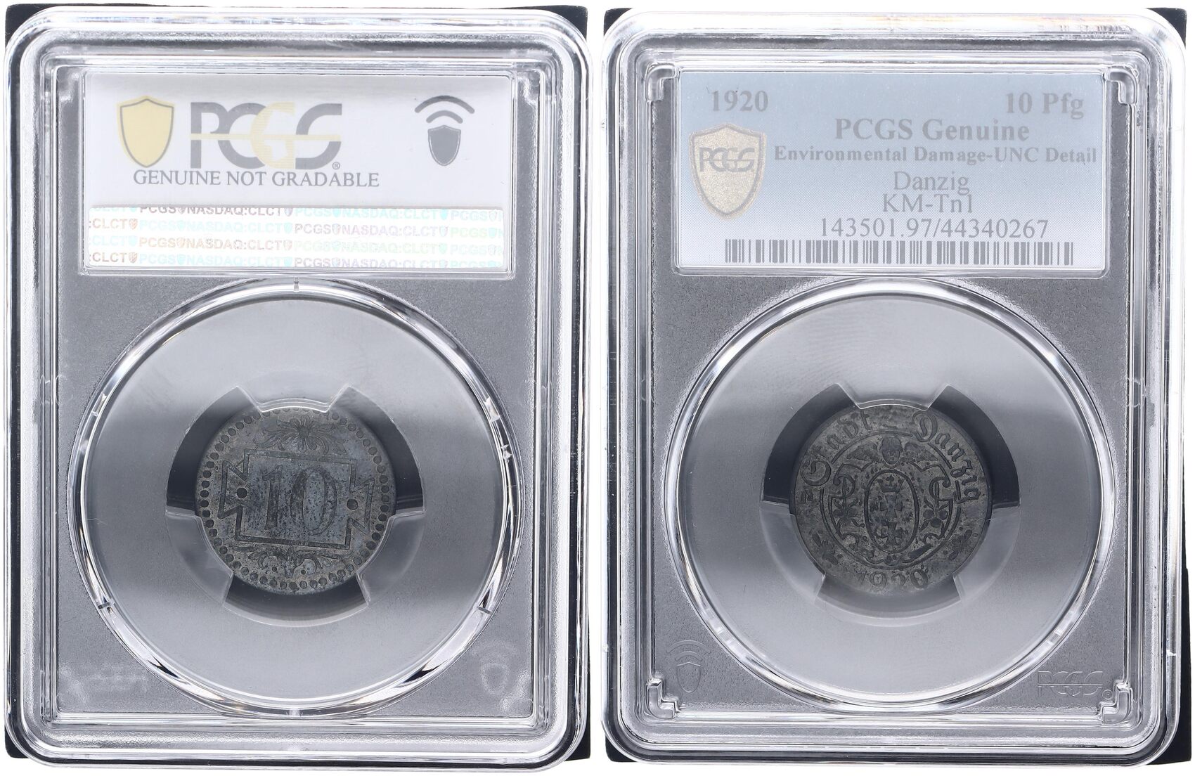 Danzig 10 Pfennig 1920 kleine Wertzahl PCGS Genuine - UNC Details (97 - Environmental Damage ...