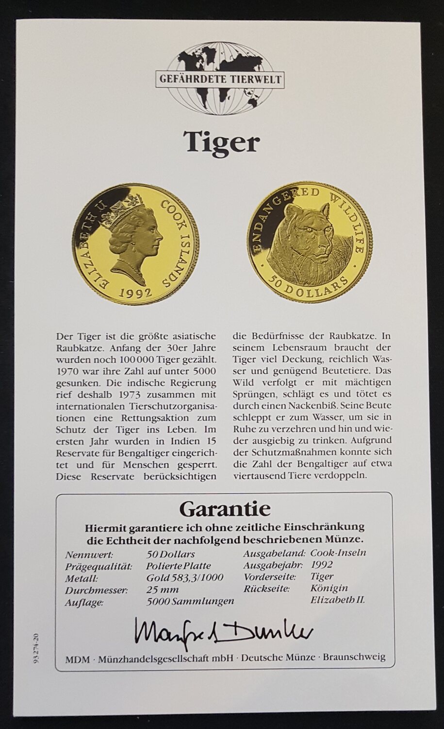 Cook Islands 50 Dollars 1992 Tiger PP in Kapsel | MA-Shops