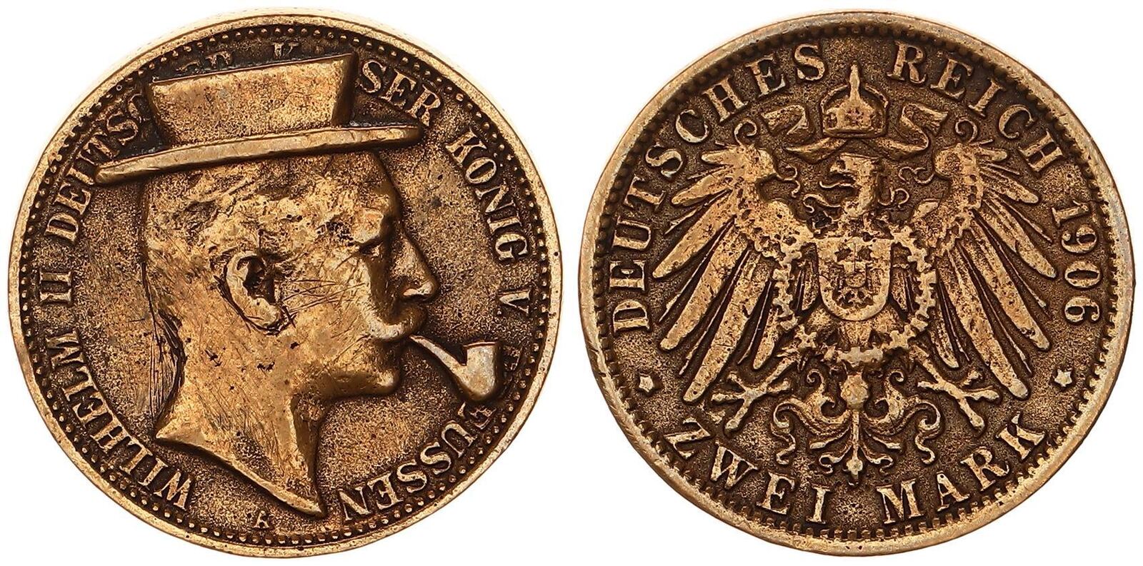 Deutsches Kaiserreich - Preußen 2 Mark 1906 Guss in Messing mit Hut und ...