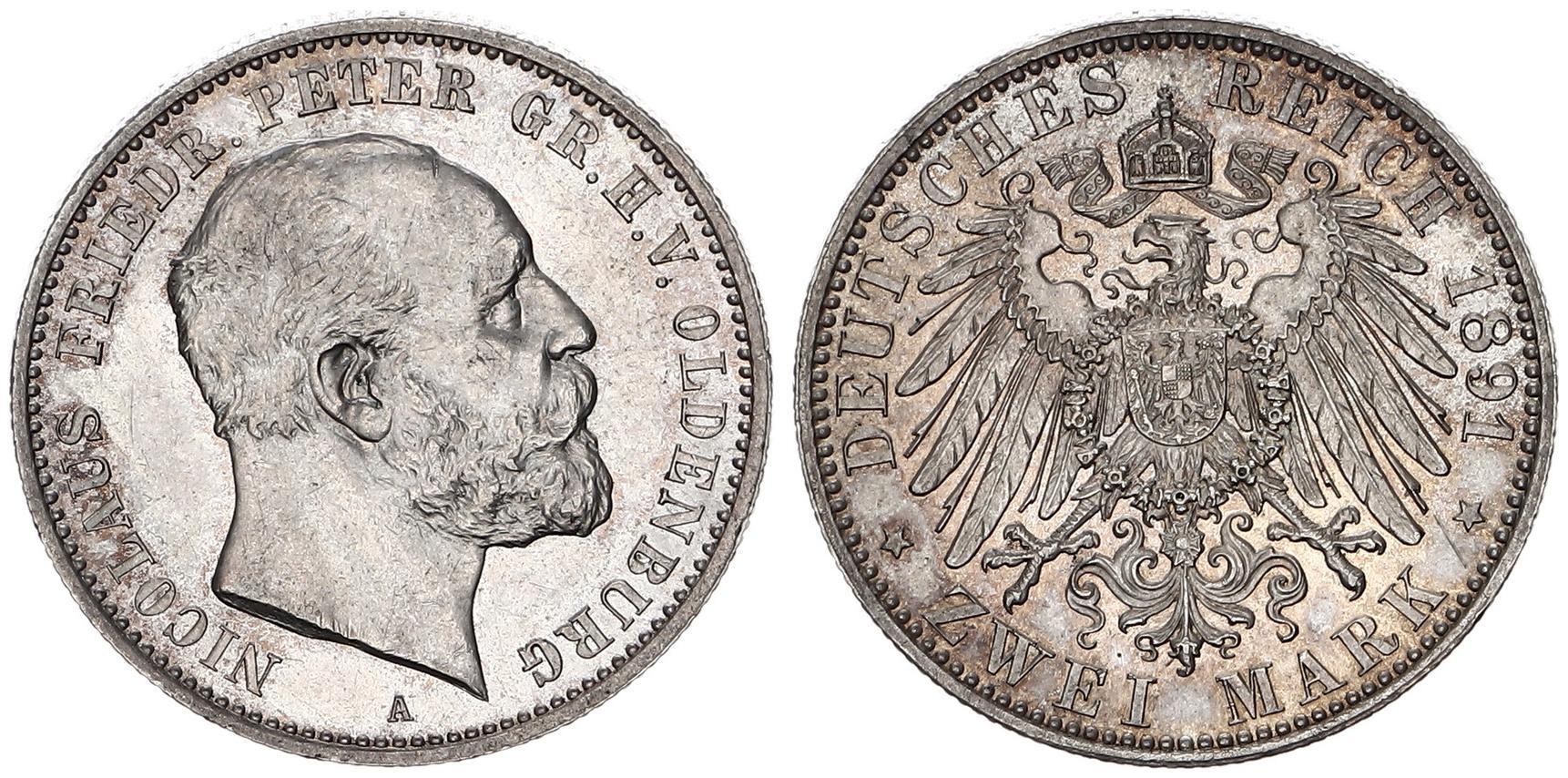 Deutschland / Kaiserreich / Oldenburg 2 Mark 1891 A Nicolaus Friedrich Peter fast Stempelglanz ...