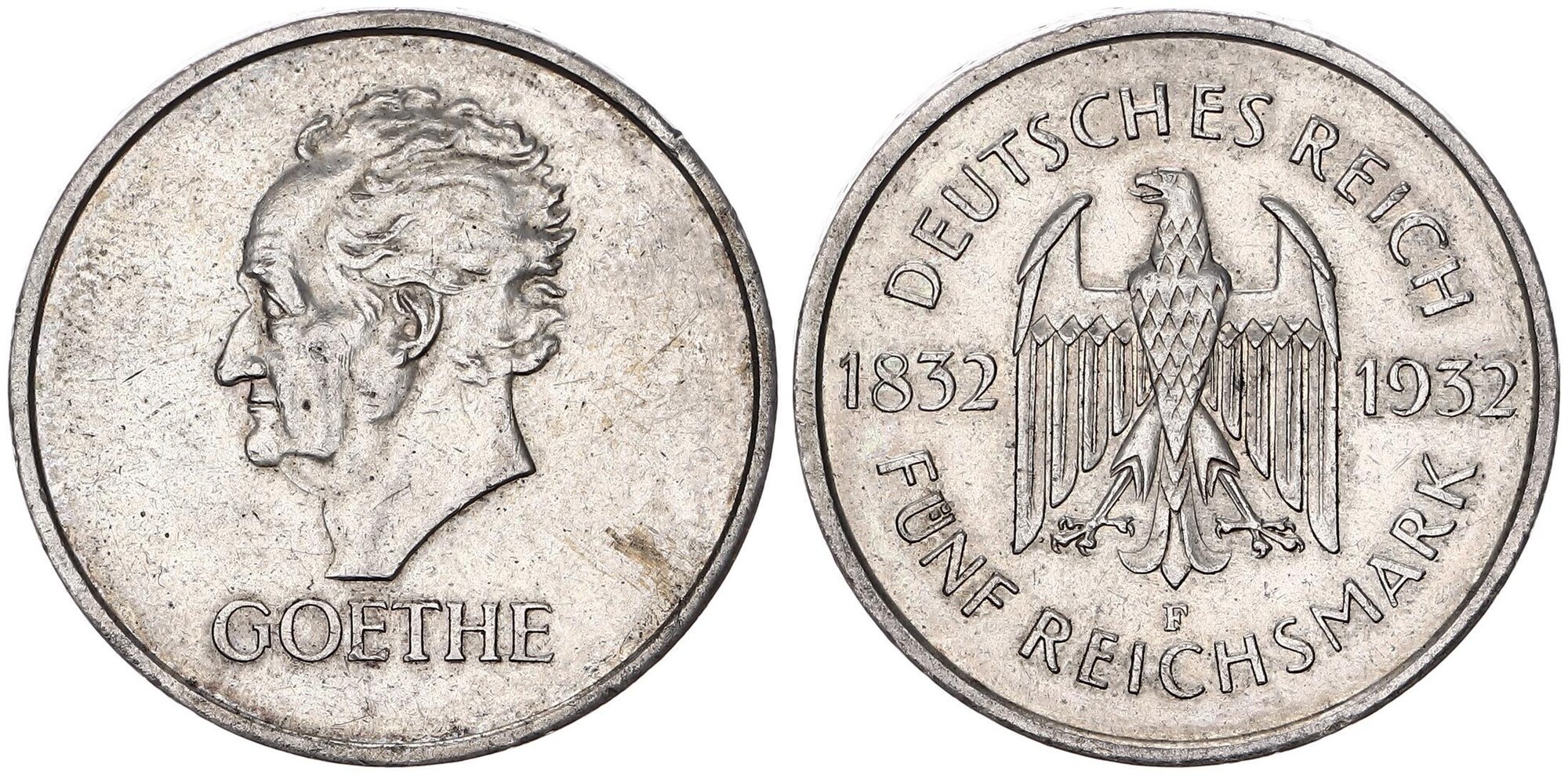 Weimarer Republik 5 Mark Silber 1932 F Goethe - selten fast vz | MA-Shops