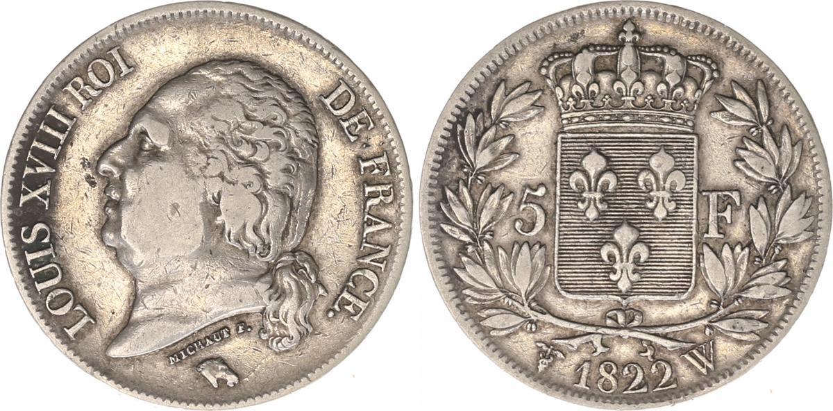 Frankreich - Lille 5 Franc 1822 W Ludwig XVIII. 1814-1824 ss+ | MA-Shops