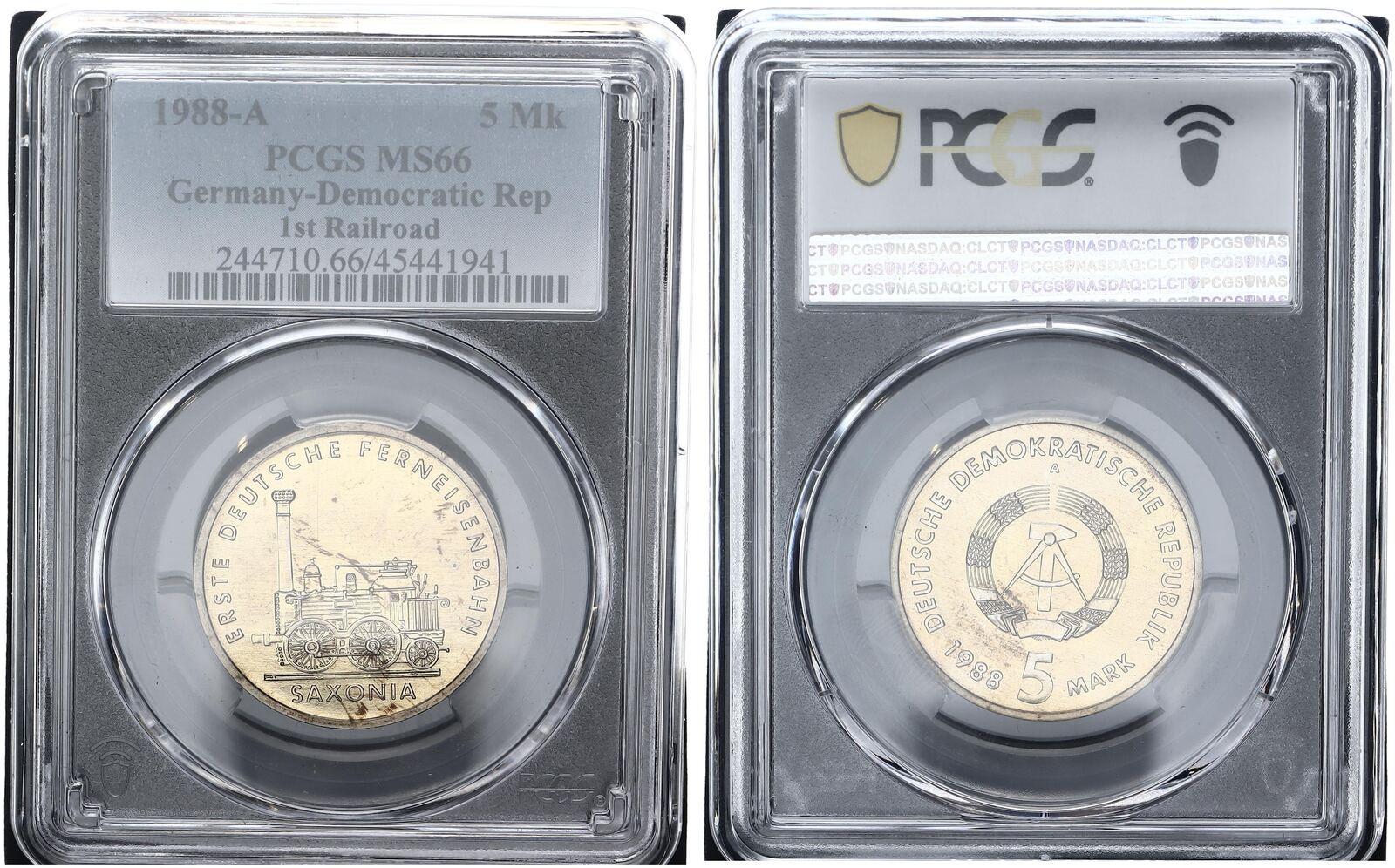 DDR 5 Mark 1988-A Saxonia: 150 Jahre deutsche Eisenbahn PCGS MS66 ...