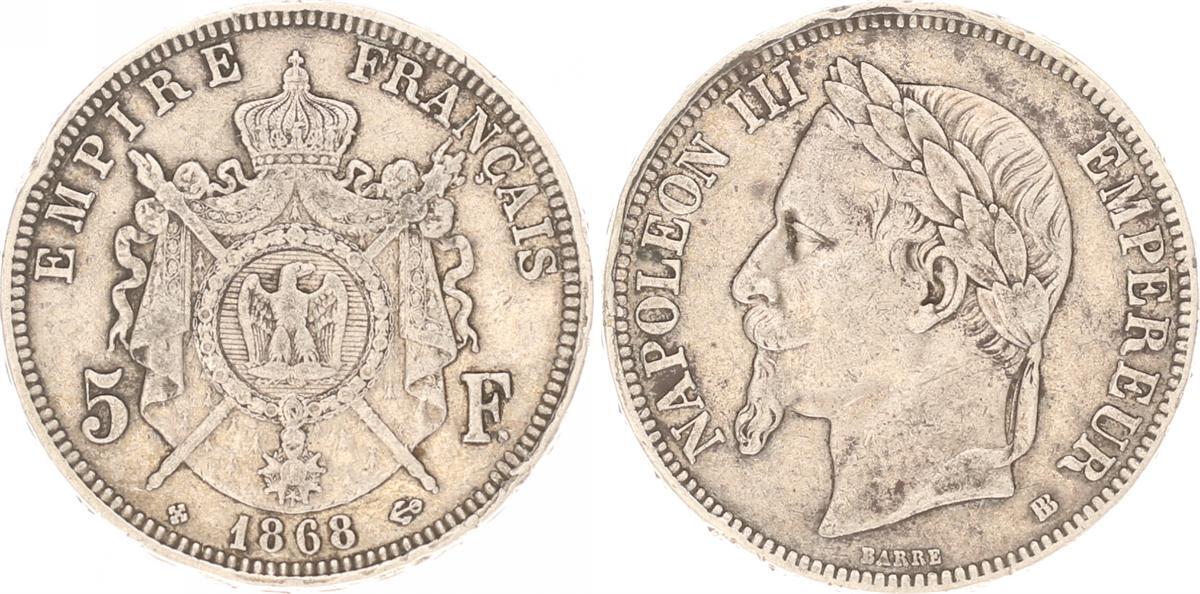 Frankreich 5 Francs 1868 BB Straßburg ss, Randfehler | MA-Shops