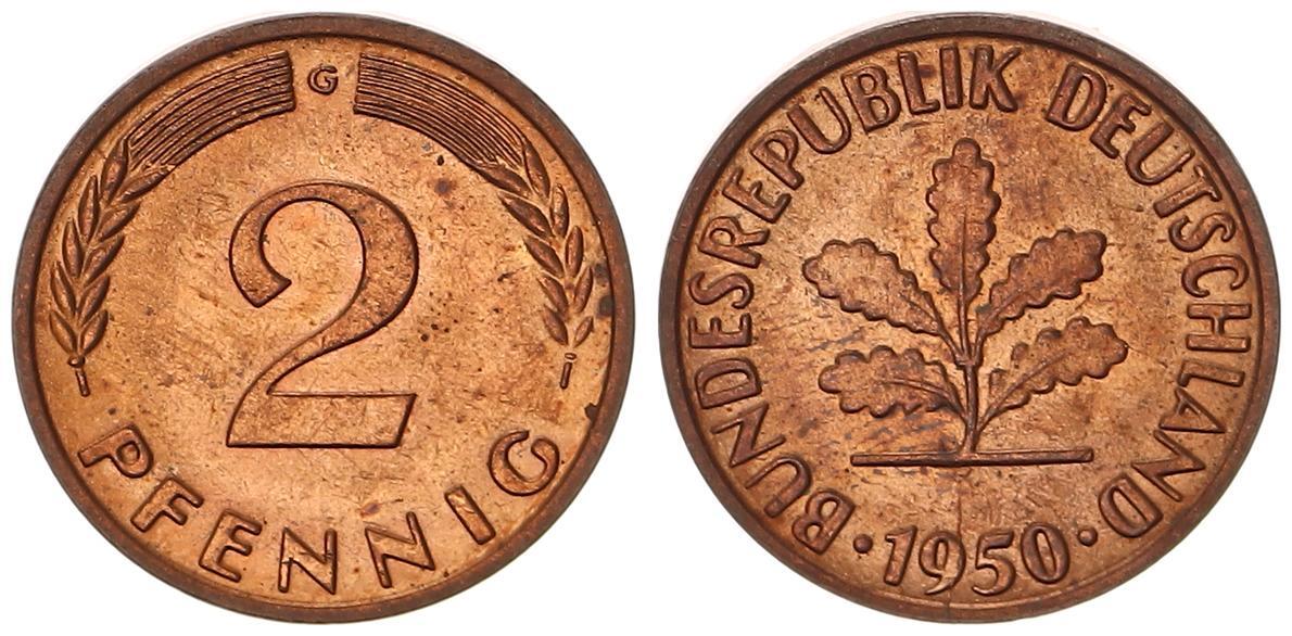 Deutschland 2 Pfennig 1950 G seltene Erhaltung prägefrisch | MA-Shops